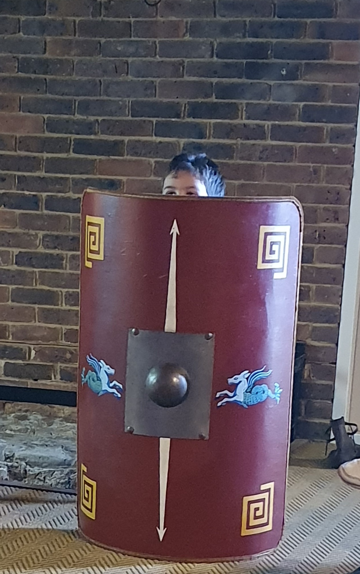 fishbourne-rp-feb-23-little-boy-hiding-behind-shield | Ally Sherrick